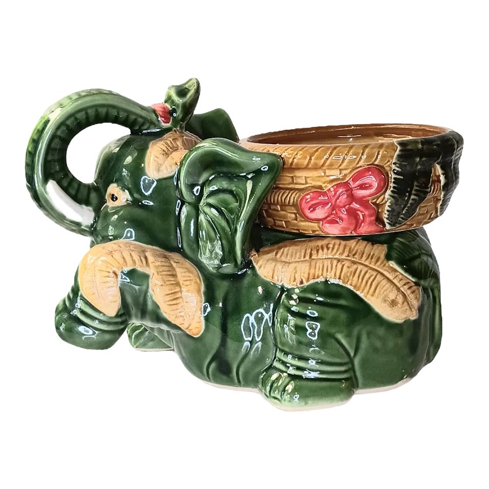 Vintage Green Lucky Elephant Planter Trunk Up Glazed Ceramic | Chairish