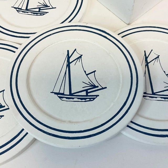 1990s Coastal Chic Wooden Sailboat Coasters With Anchor Motif Caddy Set ...