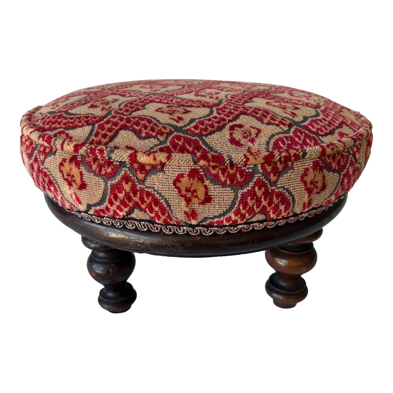 Antique Upholstered Footstool With Turned Wood Legs | Chairish