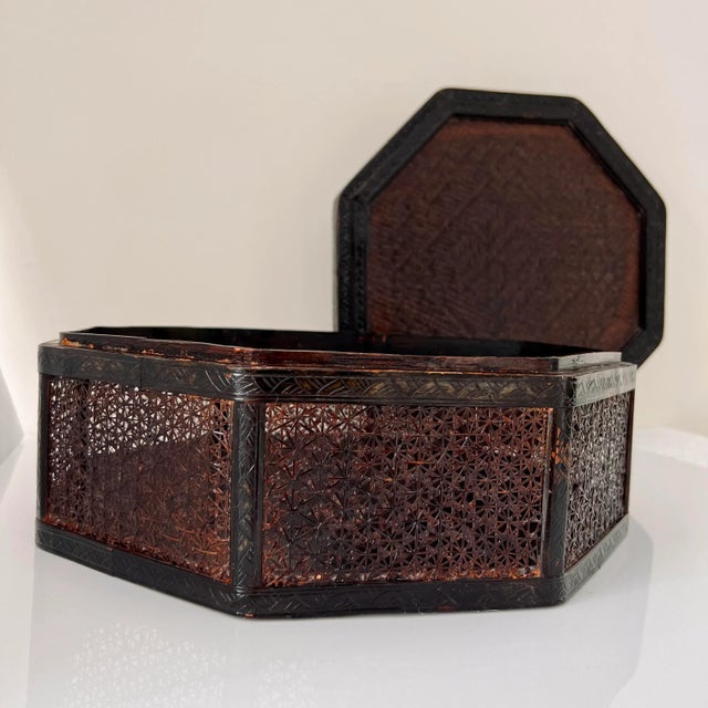 Antique Chinese Woven Wicker and Bamboo Octagonal Lacquered Box | Chairish