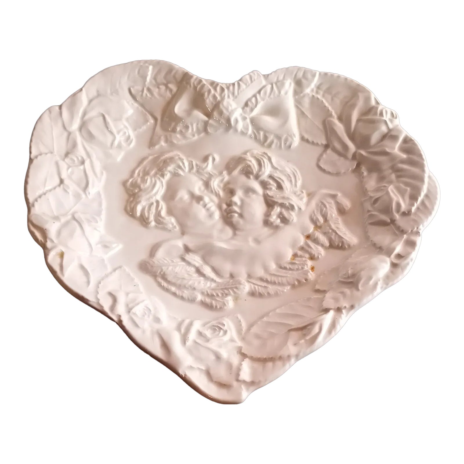 1970s Ivory Porcelain Heart Shaped With Cherub 3d Relief Made in Italy ...