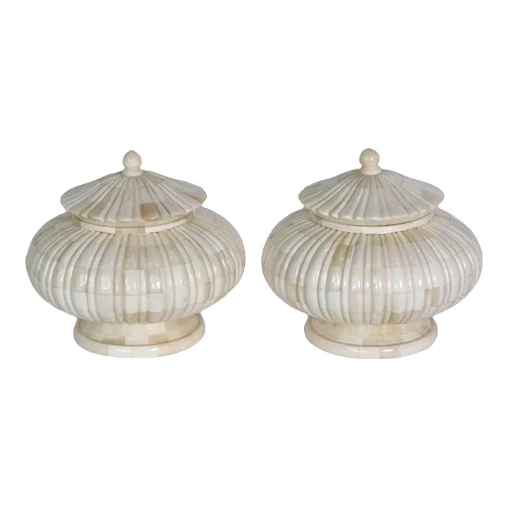 Indian Bone Inlay Jars - a Pair | Chairish
