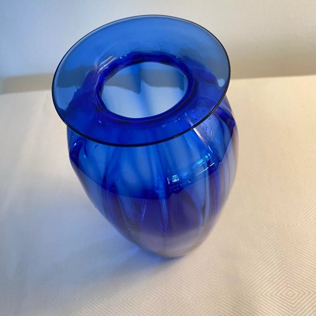 Late 20th Century Artisan Cobalt Blue Ripple Glass Vase, Signed | Chairish