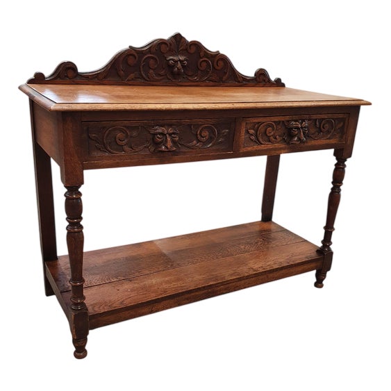 Victorian Gothic Style Round Carved Oak Side Table, 1920s | Chairish