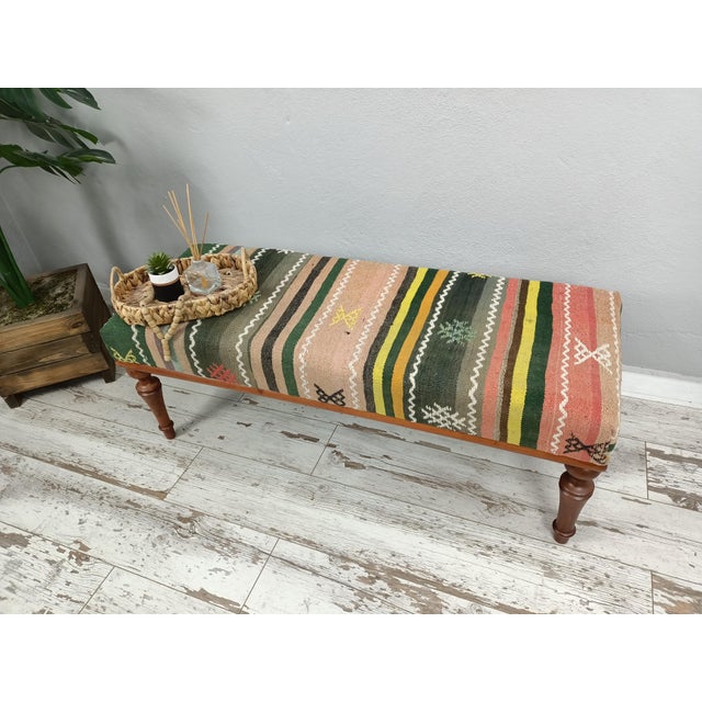Boho Turkish Kilim Upholstered Bench | Chairish