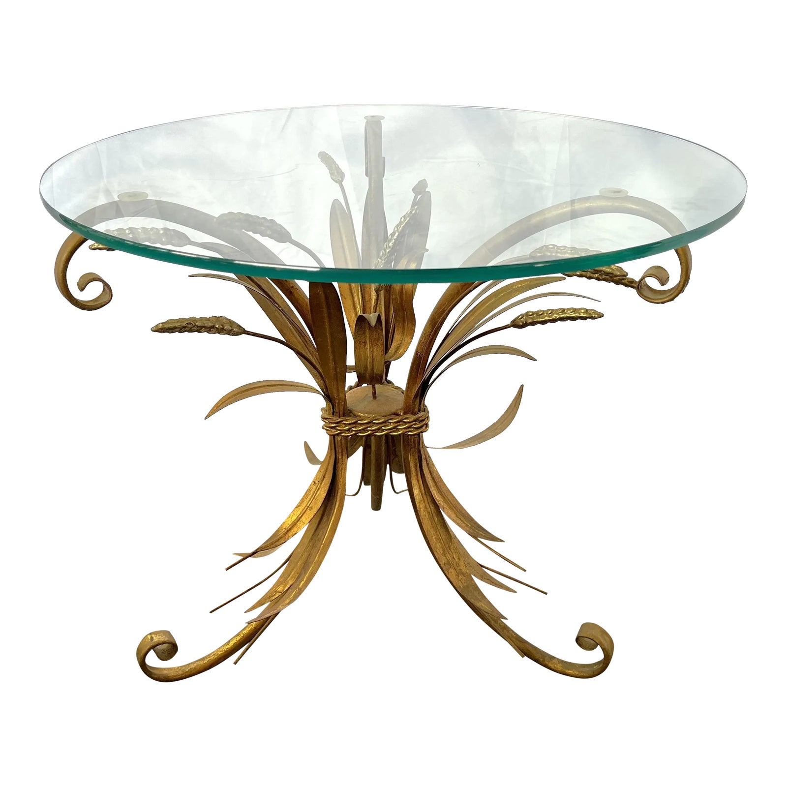 1970's Coco Chanel Style Sheaf of Wheat Metal and Glass Side Table ...