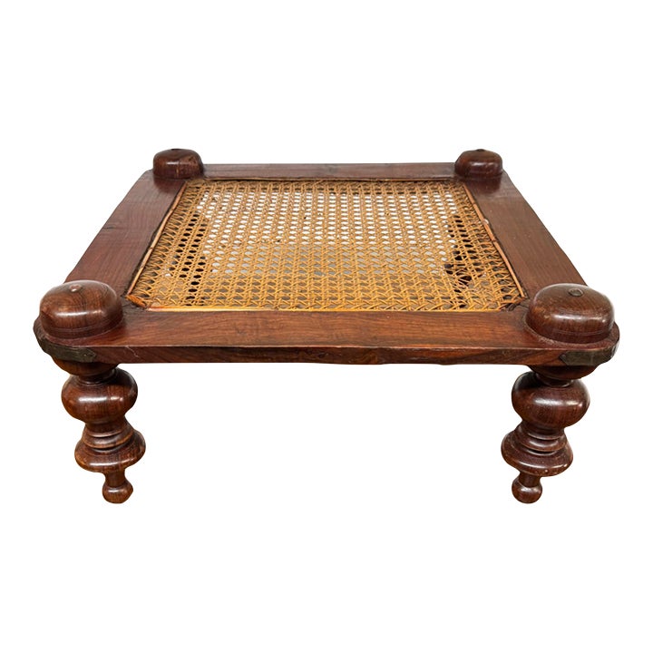 Vintage Indian Chowki Caned + Turned Low Table or Seat | Chairish