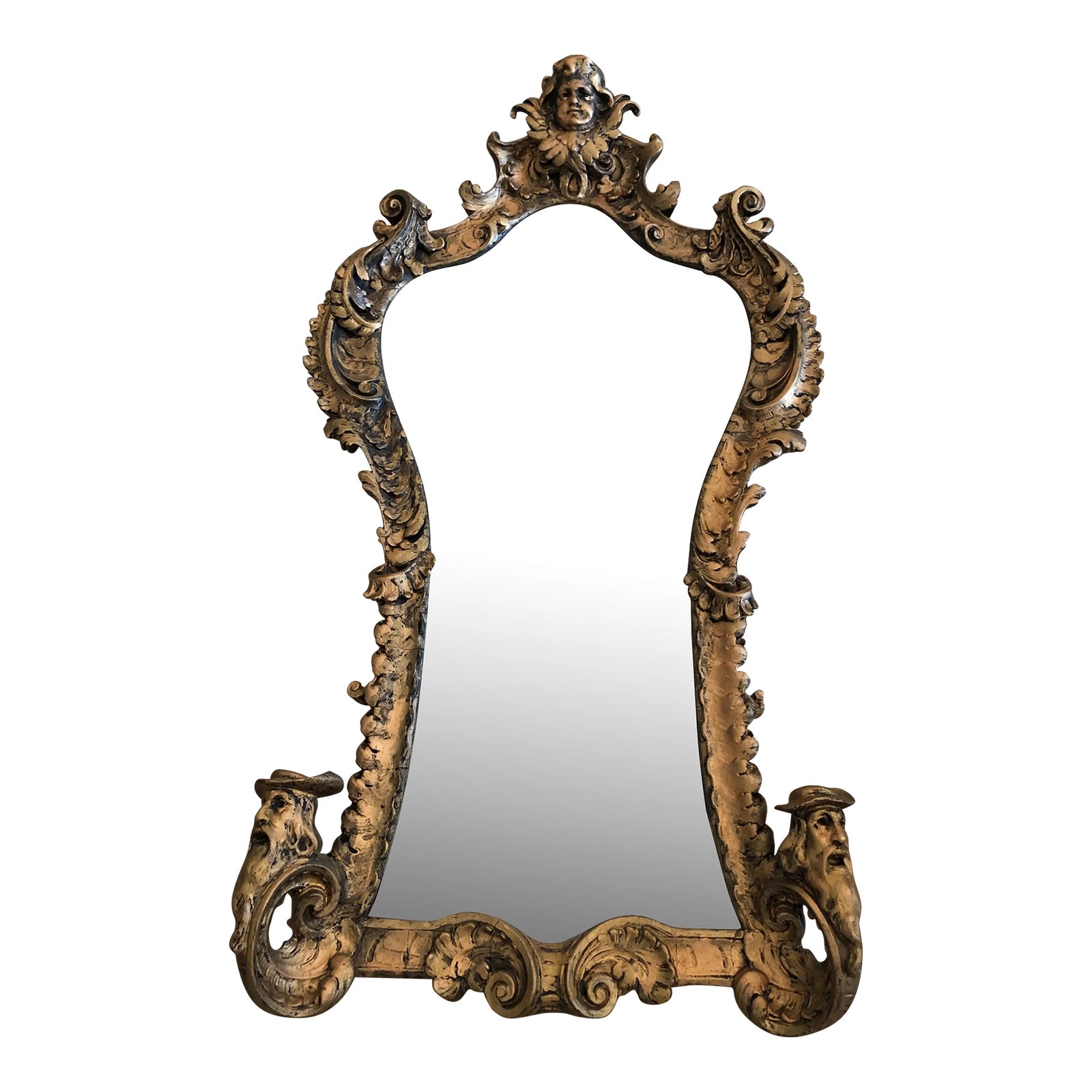 Ornate Gothic Style Gilded Mirror With Cherub and Masks | Chairish
