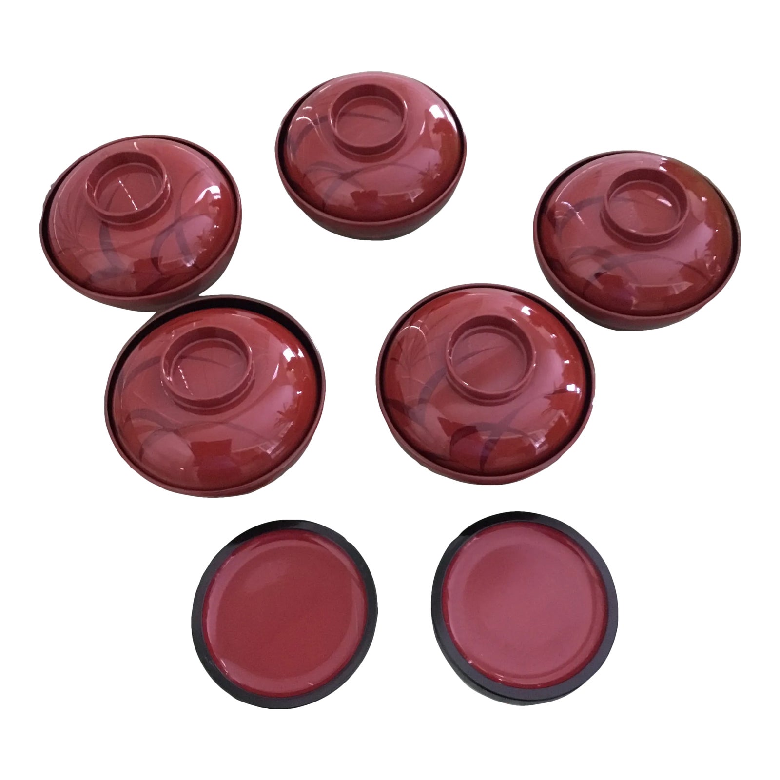 1990s Hand-Painted Red Lacquered Rice Bowls With Lids- Set of 5 With ...