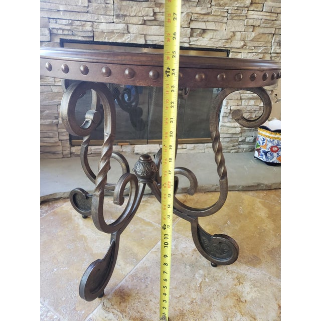 Nailhead Trim Leather Wrapped Side Table With Scrolling Metal Base ...