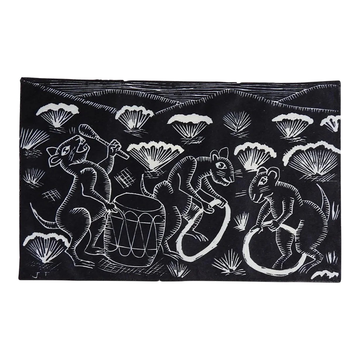 Vintage Mid 20th Century Jose Rey Hoop Dancing Rats Woodcut | Chairish