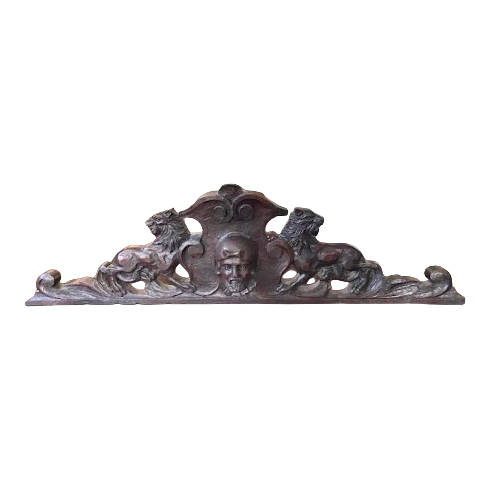 Late 19th Century Carved Oak Pediment - Griffins, Warrior | Chairish