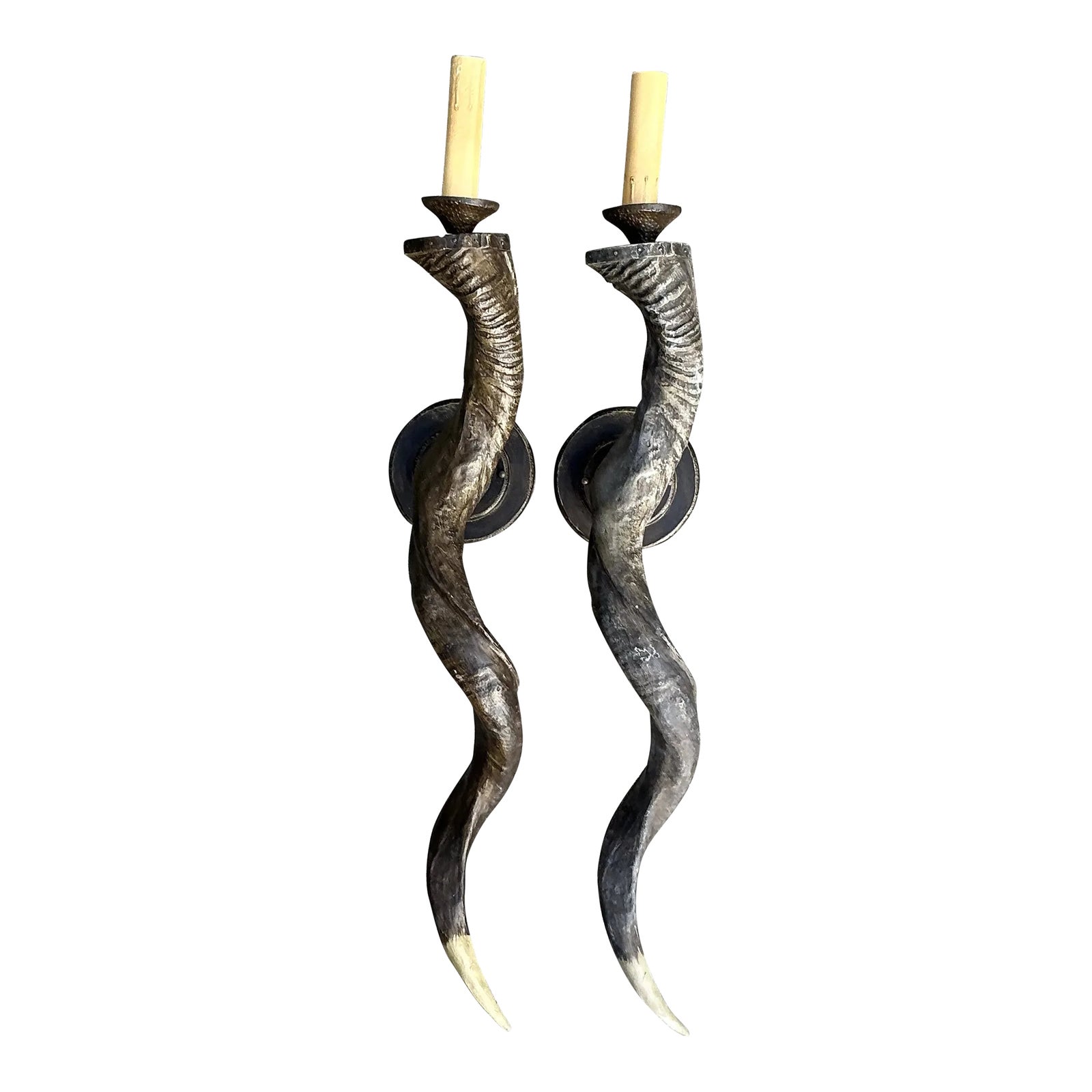 Vintage Boho Carved Wood Twisted Horn Sconces - a Pair | Chairish