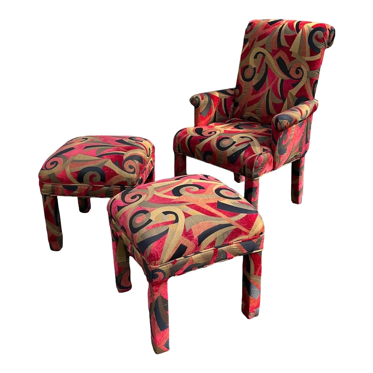 1980s Milo Baughman Style Scroll Back Parsons Arm Chair With Ottomans ...
