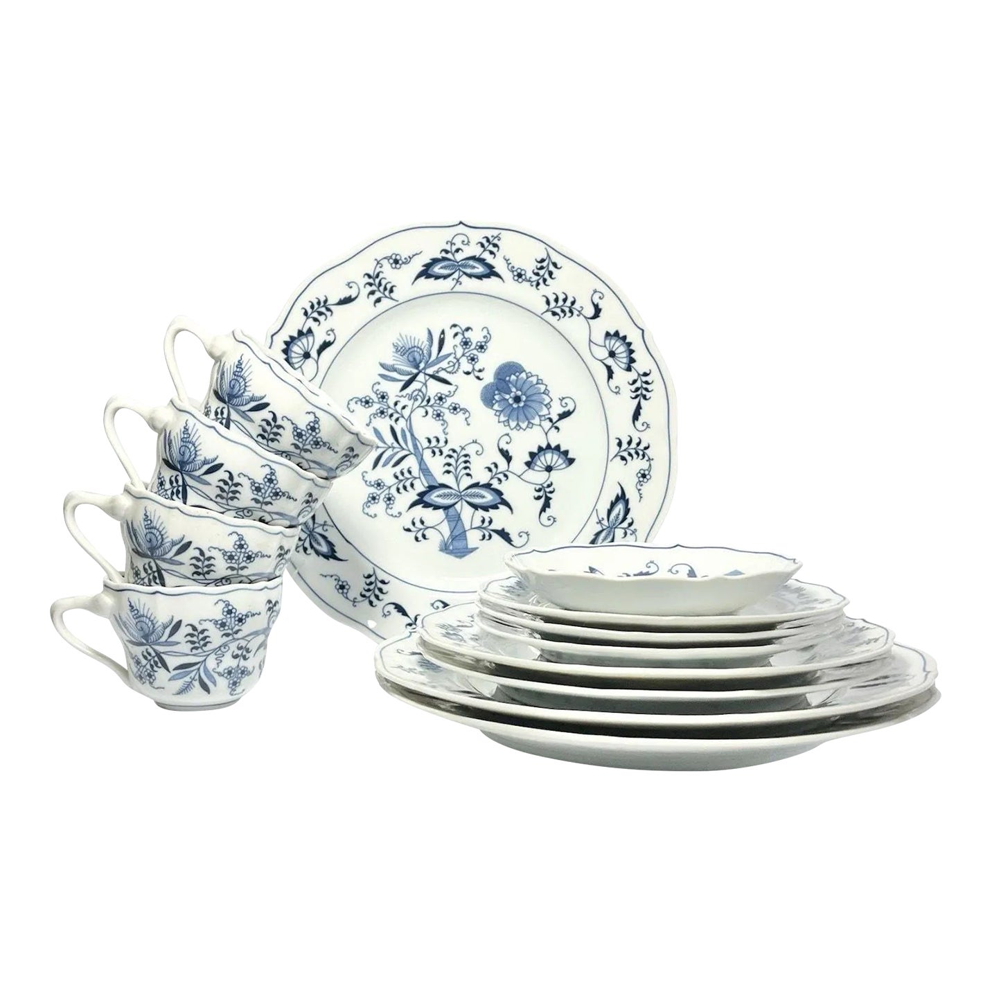 1990s Blue Danube “Blue Onion” 13-Piece Porcelain Dinnerware Set | Chairish