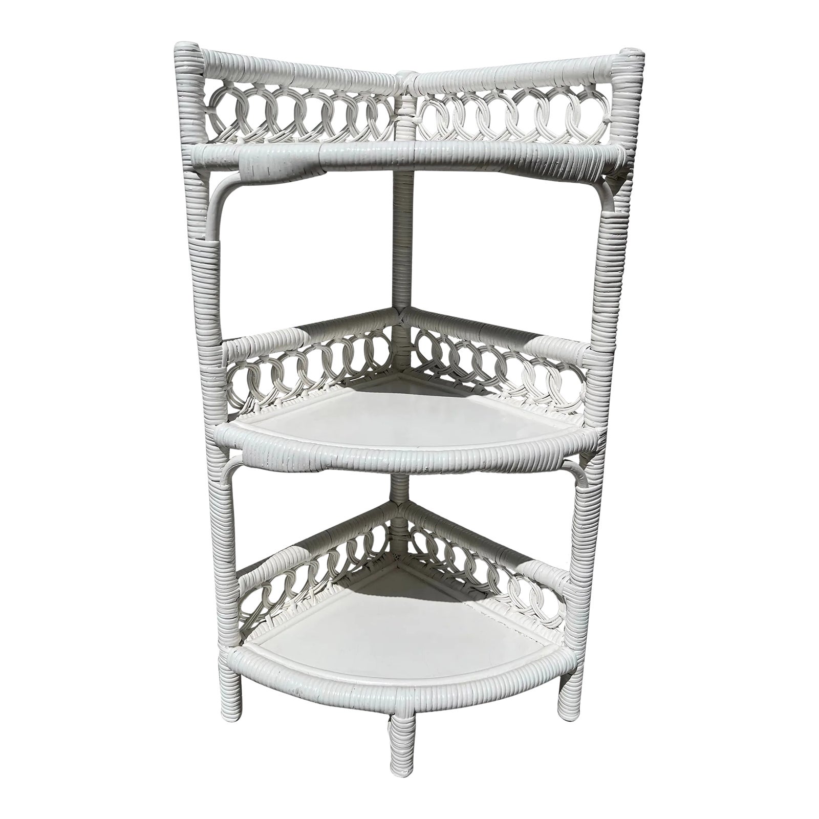 Vintage White Wicker Corner Shelf | Chairish