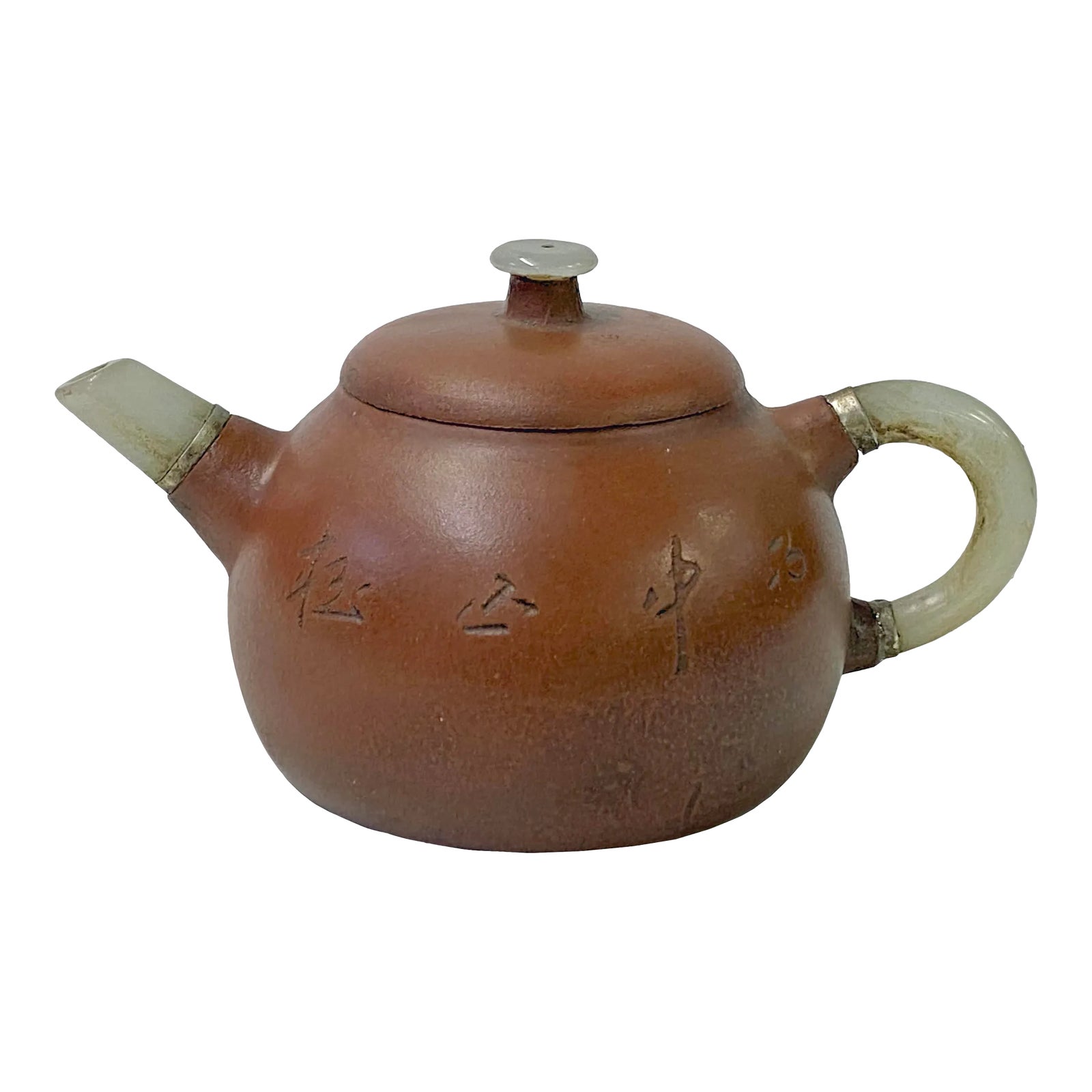 Chinese Zisha Clay Brown Jade Stone Handle Teapot Display Art | Chairish