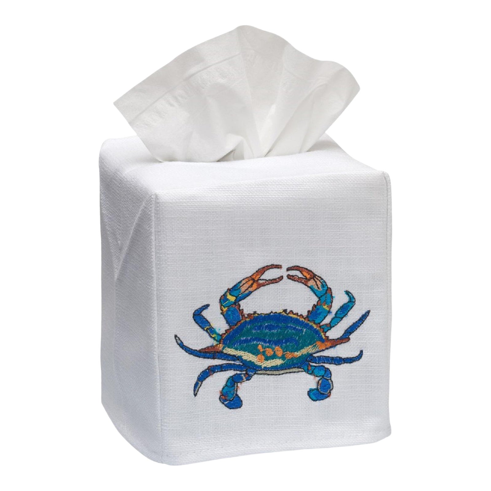 Blue Atlantic Crab Tissue Box Cover White Linen & Cotton, Embroidered ...