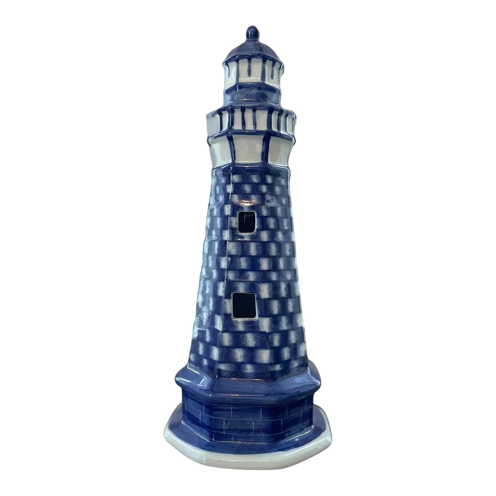 Blue and White Painted Porcelain Lighthouse Decorative Sculpture | Chairish
