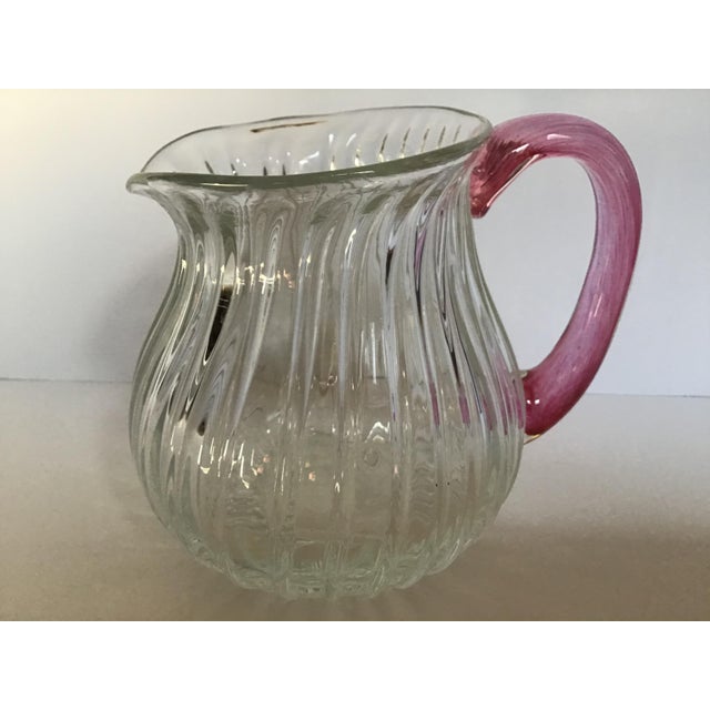 Vintage Ribbed Blown Glass Round Pitcher With Pink Glass Handle | Chairish