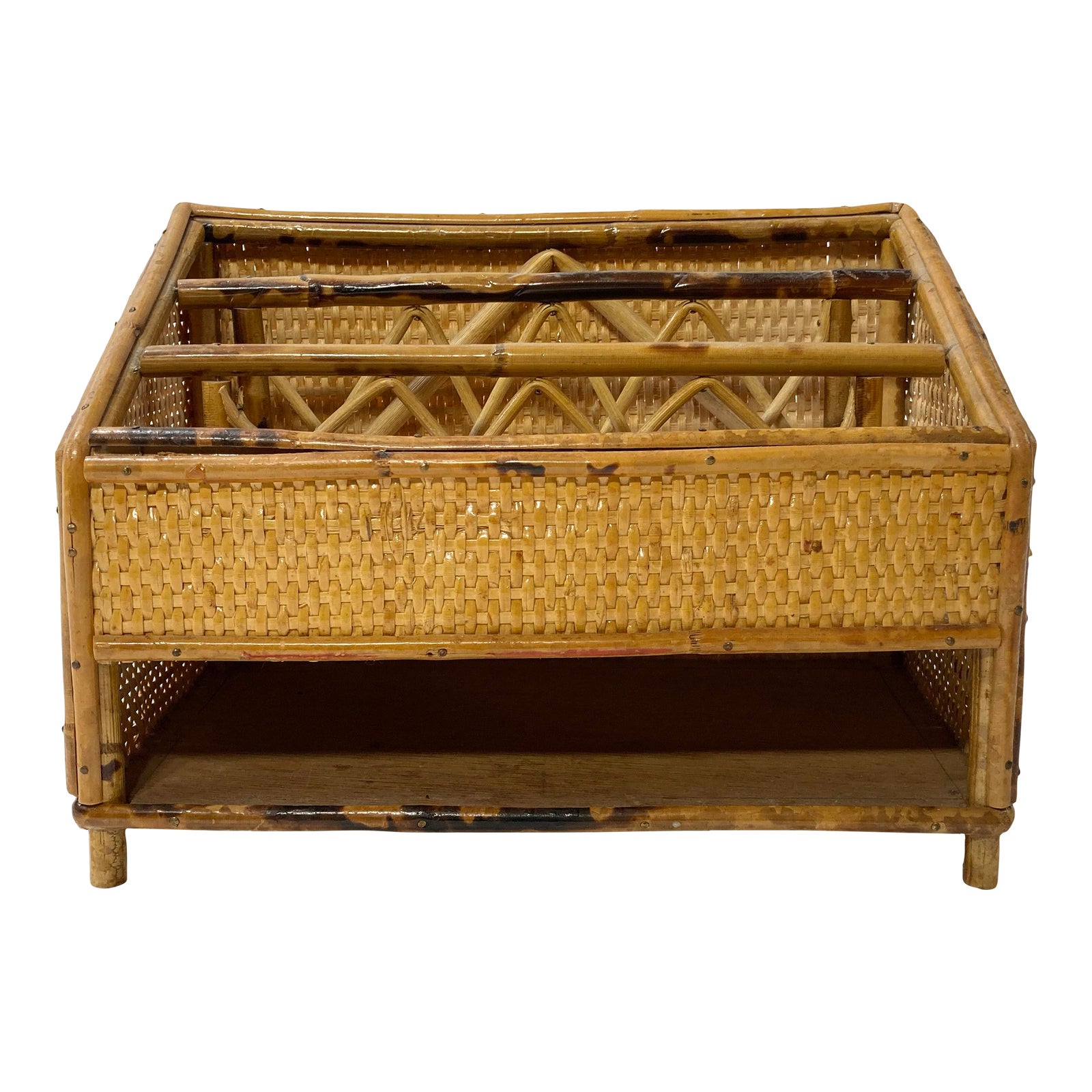 Late 20th Century Scorched Bamboo and Cane Desk Organizer | Chairish