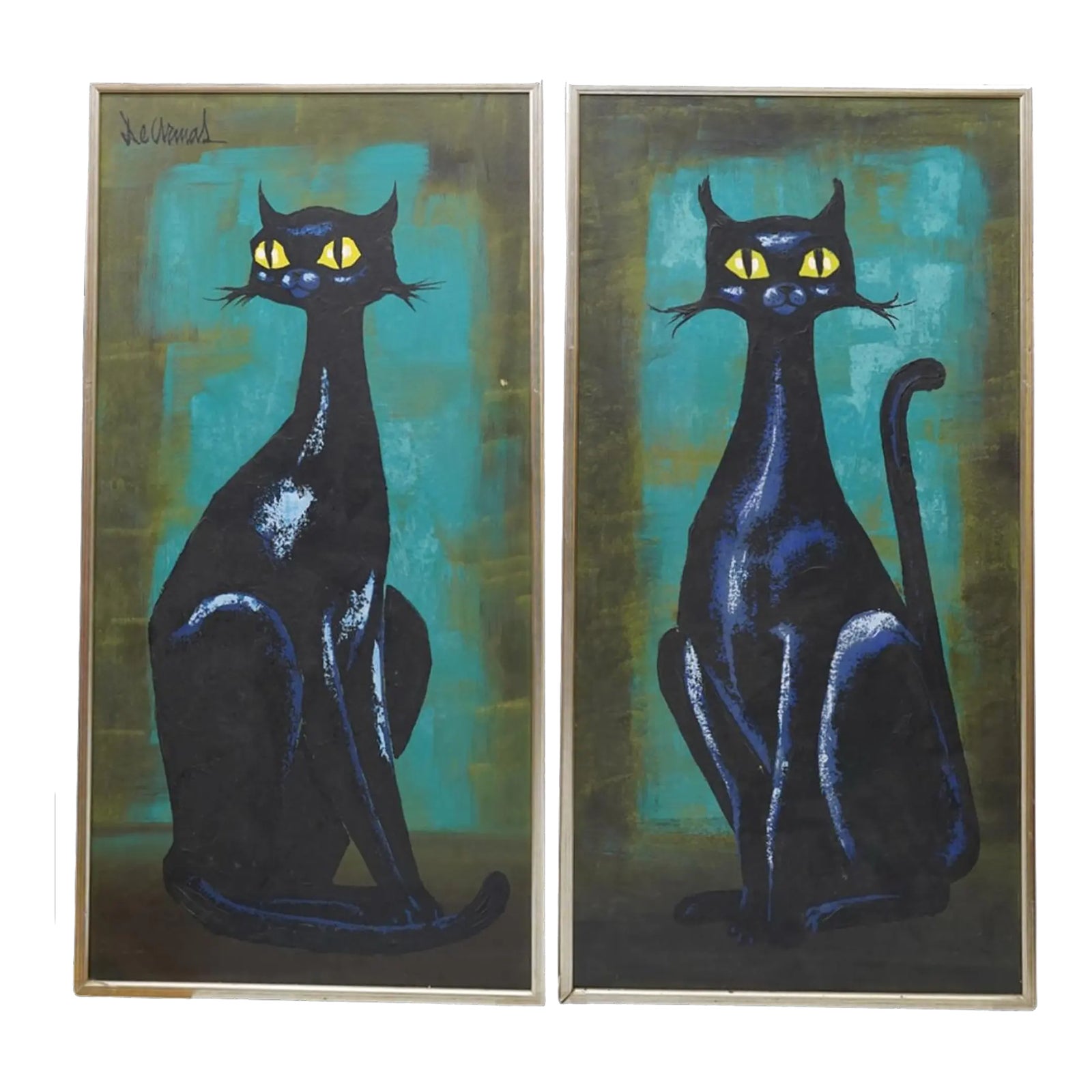 Pair Signed 1970s Mid Century Oil on Masonite Black Cat Paintings | Chairish