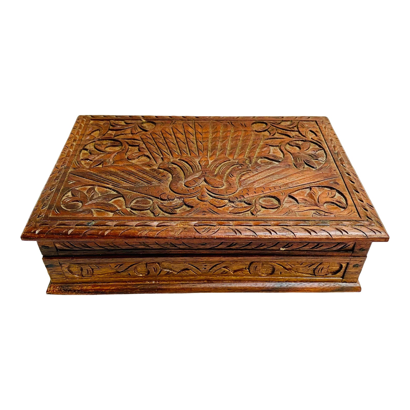 Antique Art Nouveau Carved Walnut Box, Double Peacocks | Chairish