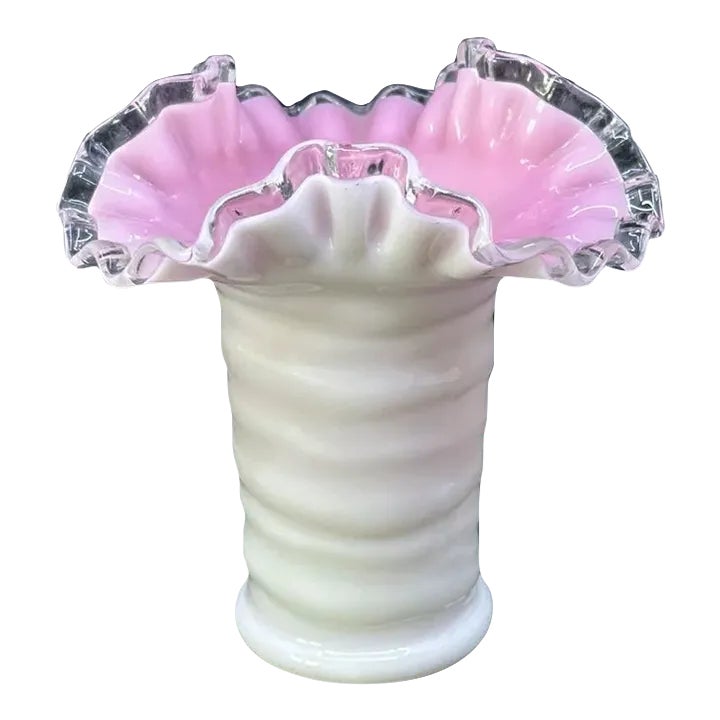Vintage Fenton Glass Pink & White Cased Ruffle Top Vase | Chairish