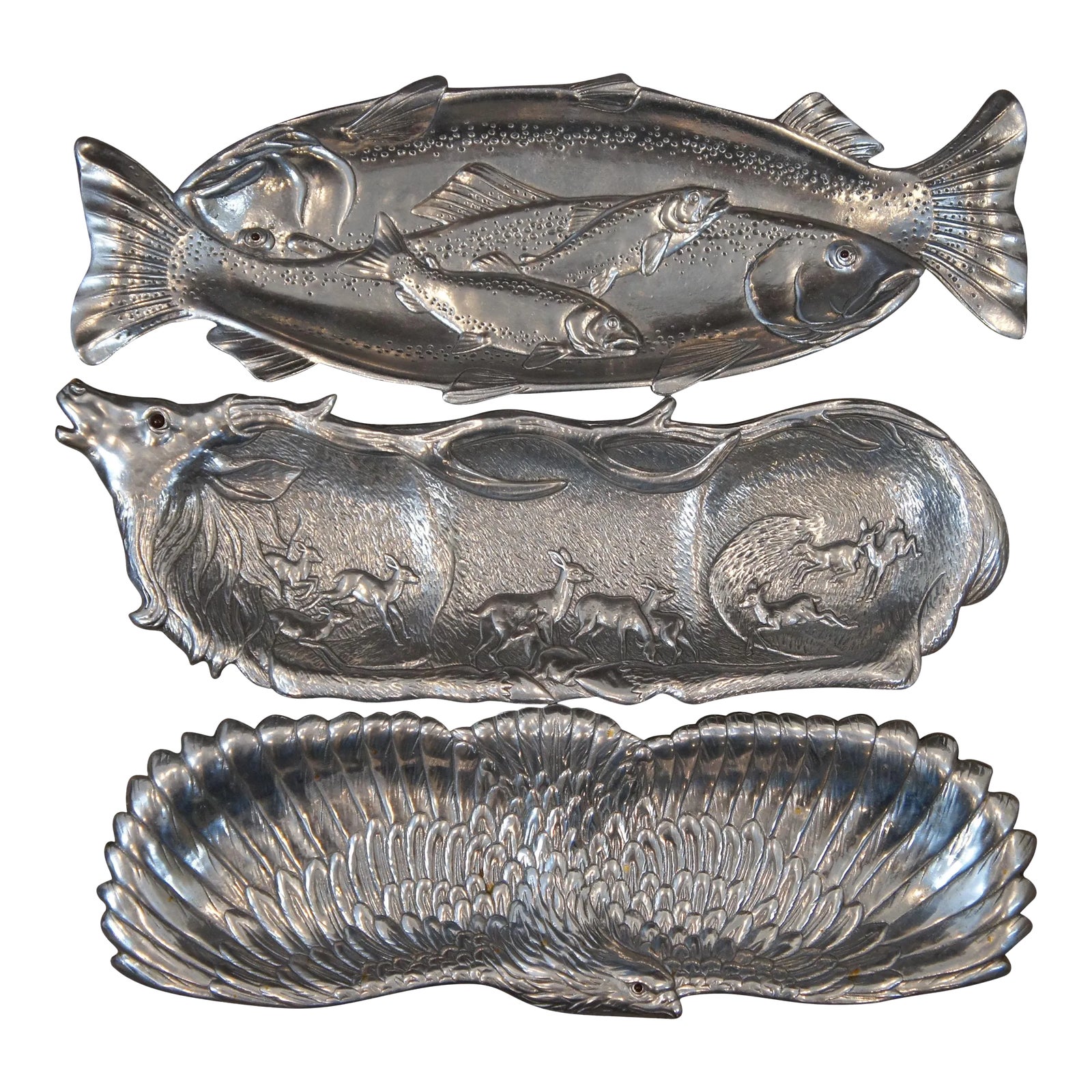 1990s Arthur Court Aluminum Carnelian Eye Serving Trays Platters, Stag ...