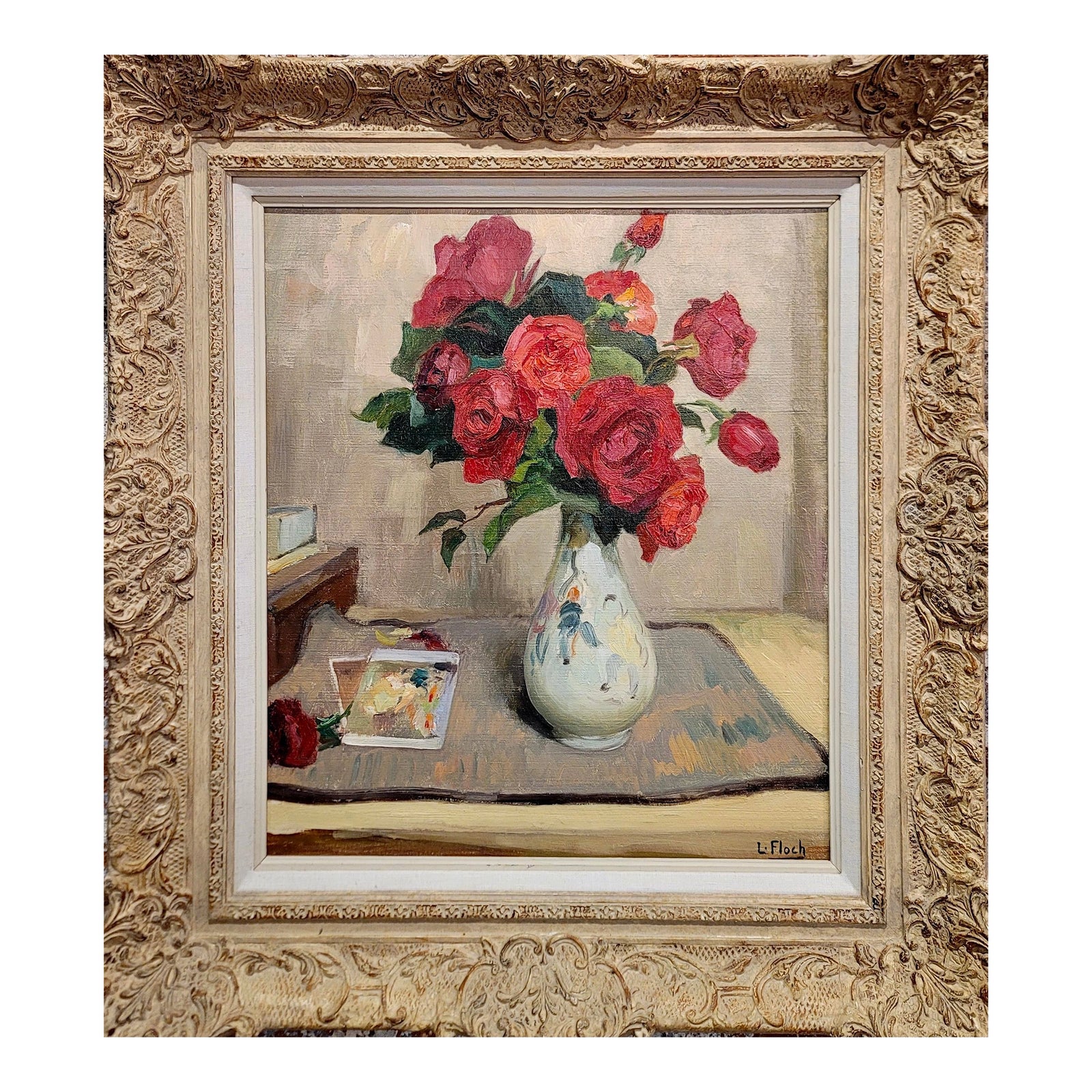 Lionel Flock -Still Life W/ Red Roses-1930s French Impressionist Oil ...