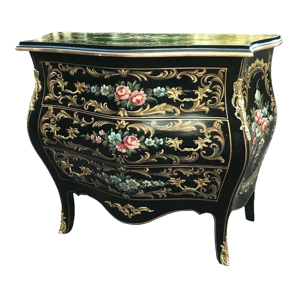 1950s French Louis XVI Beech Wood Commode With Hand-Painted Floral ...