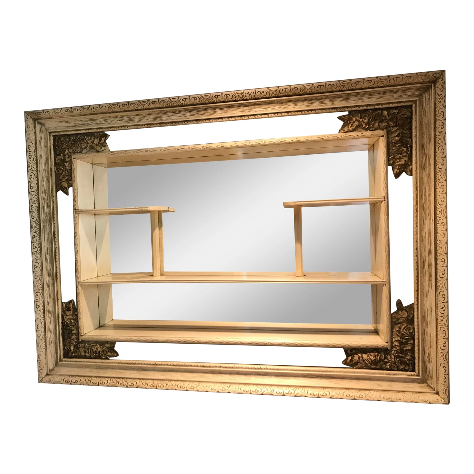 Mid-Century Modern Shadow Box Mirror With Carved Roses | Chairish