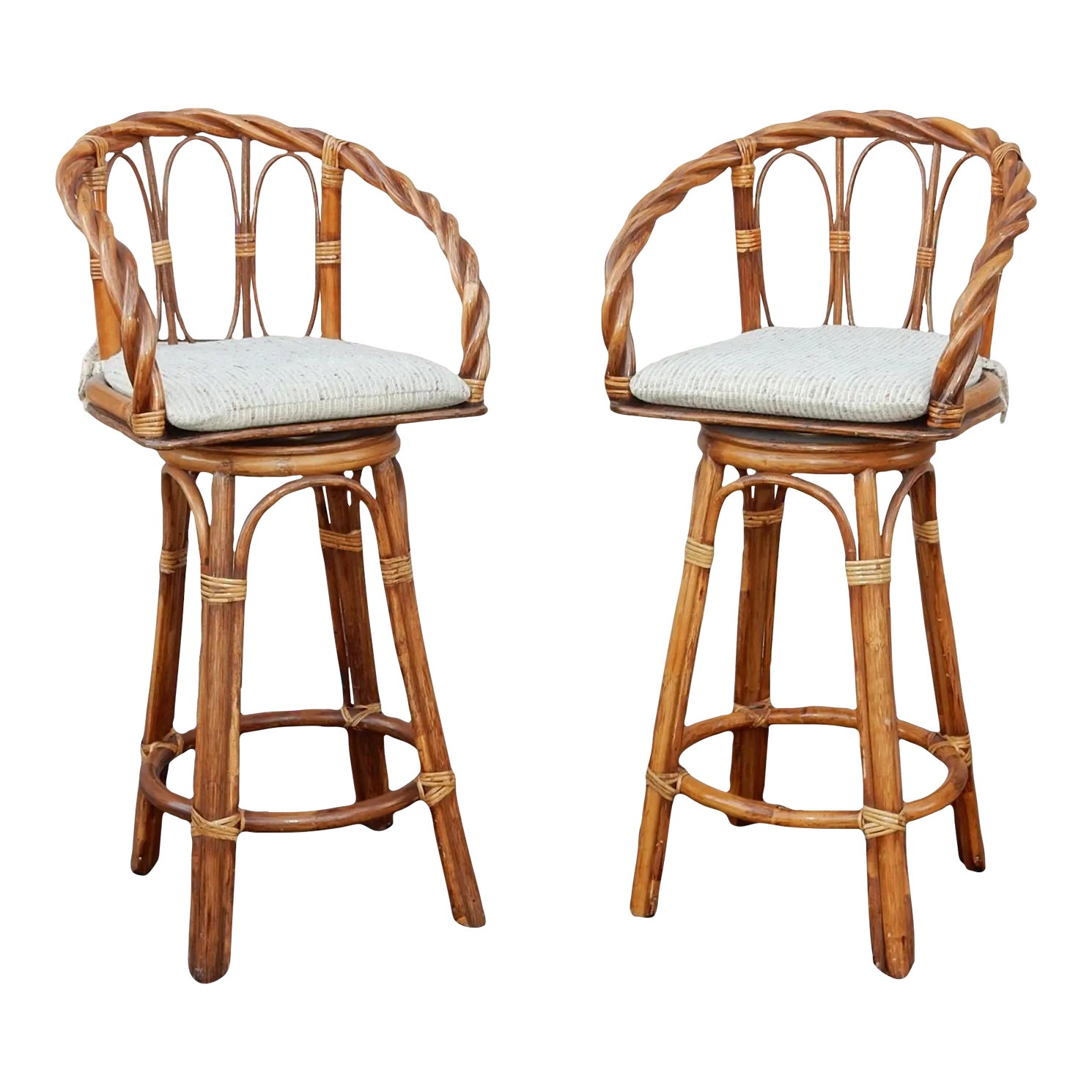 1970's Colonial Sculpted Cane & Rattan Bar Stools, 6 Available, Sold in ...