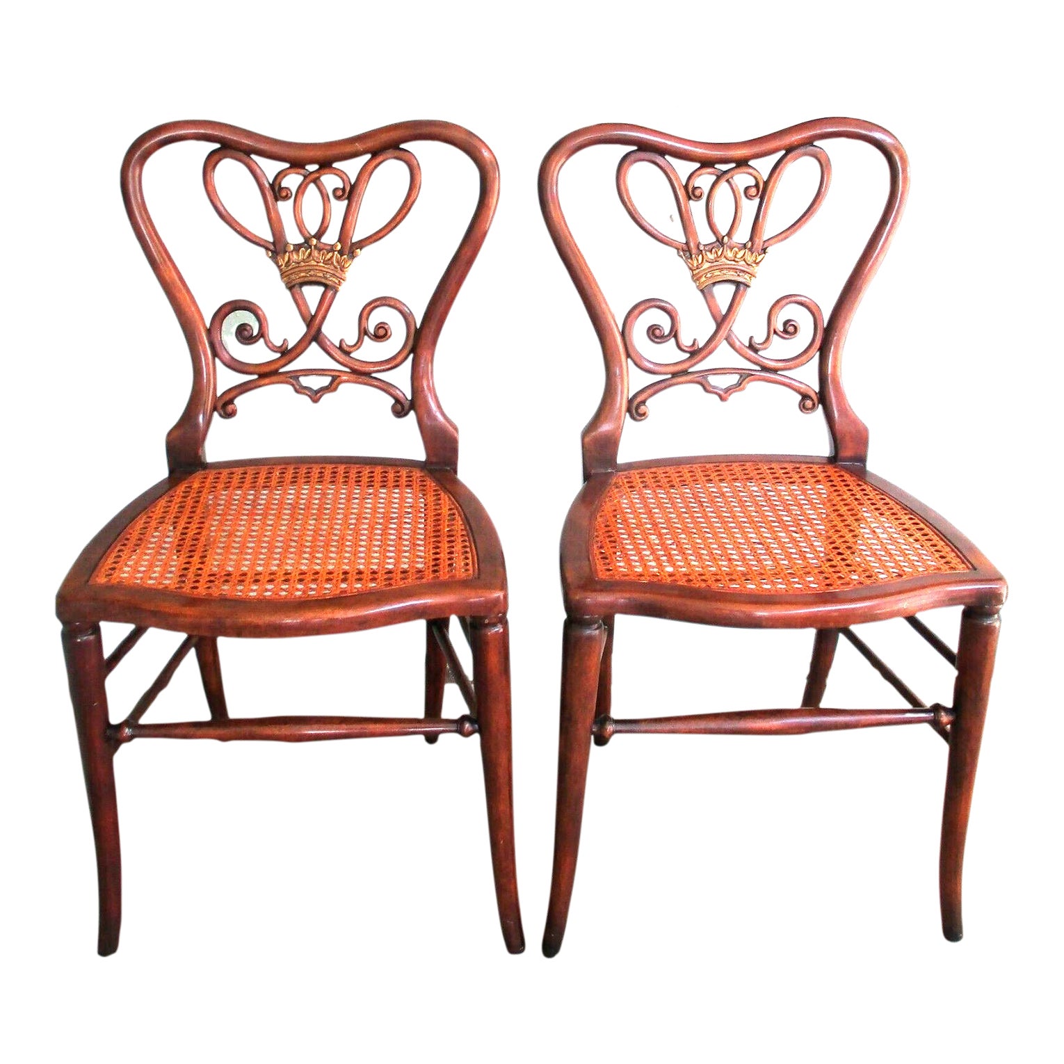 1990s Vintage Theodore Alexander Crown Lattice Back Cane Seat Wood Side ...