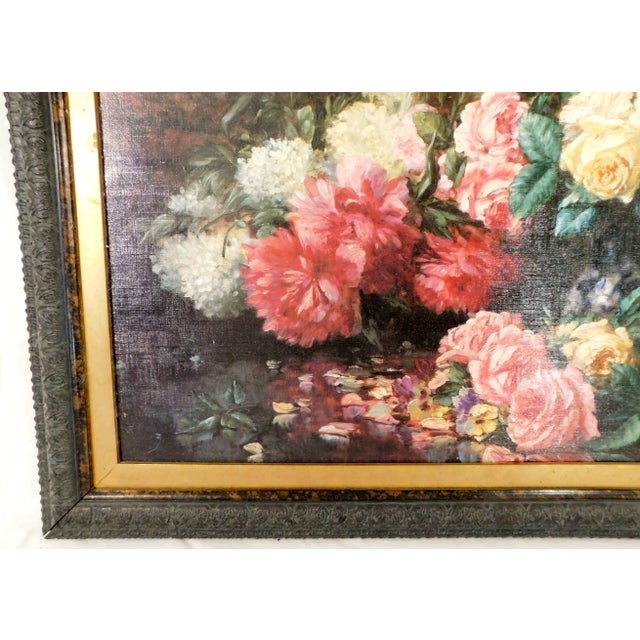 Vintage Floral Roses Print on Board Ornate Carved Wood Frame Wall Decor ...