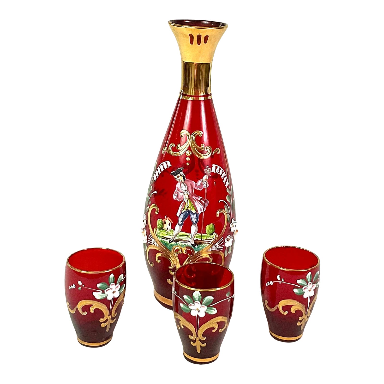 1920s Bohemian Hand Blown, Ruby Glass Decanter & 3 Cordials | Chairish