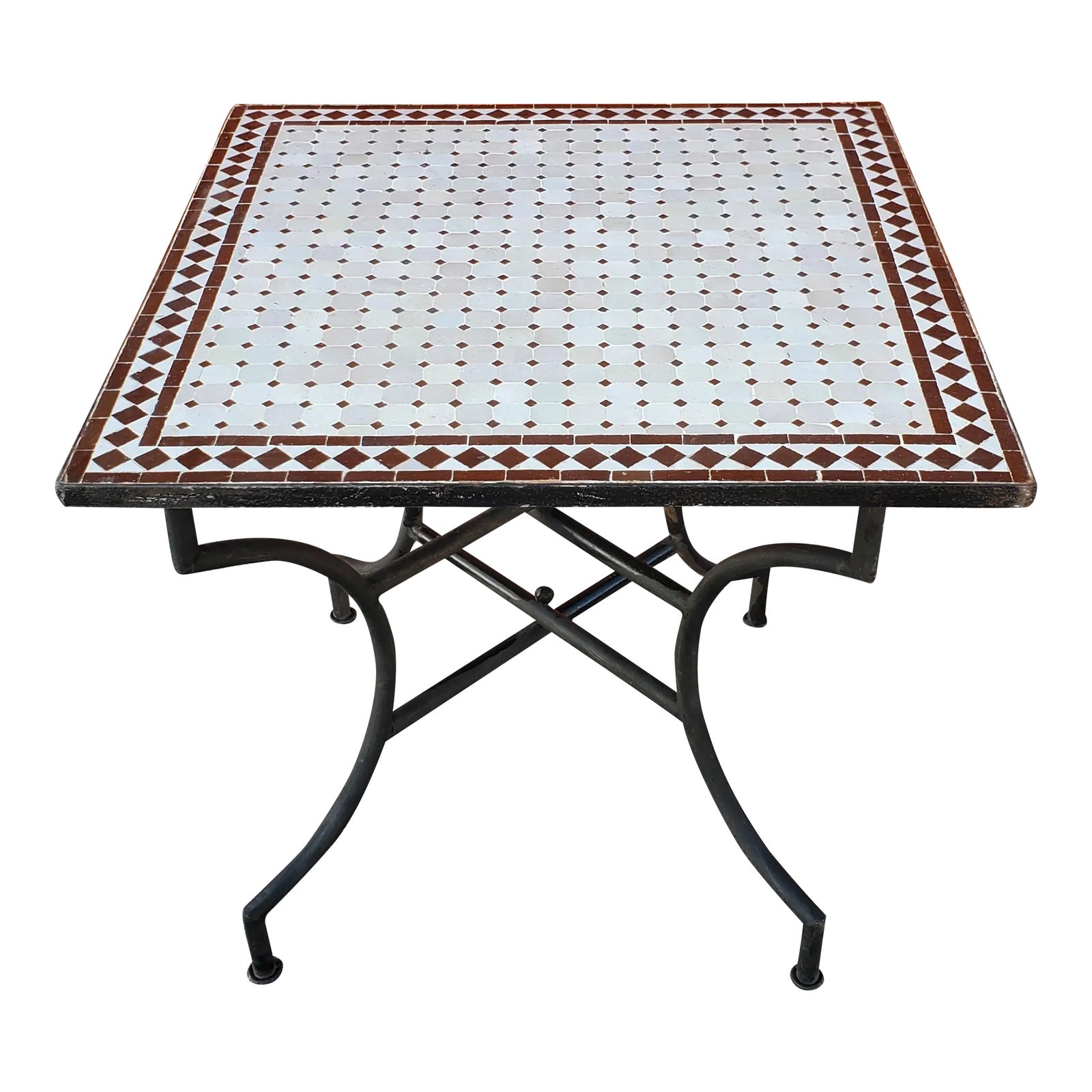 Handmade Moroccan Square Mosaic Table in White and Brown | Chairish