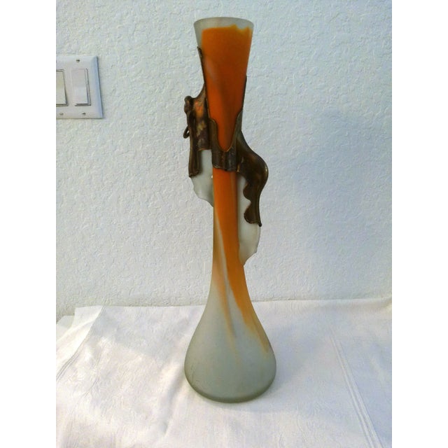 1980s Filip Ravert Romanian Satin Glass Vase With Bronze Overlay | Chairish