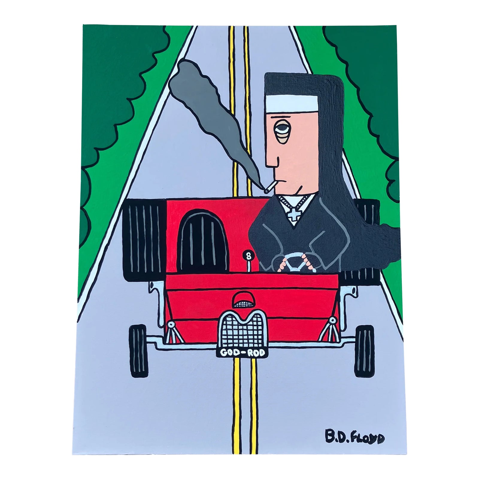 Contemporary Original B.D.Floyd Folk Art Painting “Hot Rod Smoking Nun ...
