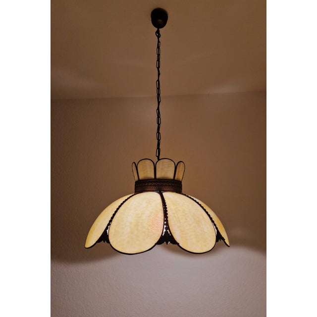 Vintage Tiffany Style Beige Pendant Lamp, Mid-Century Handmade Stained ...