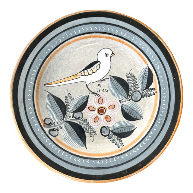 Vintage Mexican Tonala Plate With Bird and Botanical Designs | Chairish