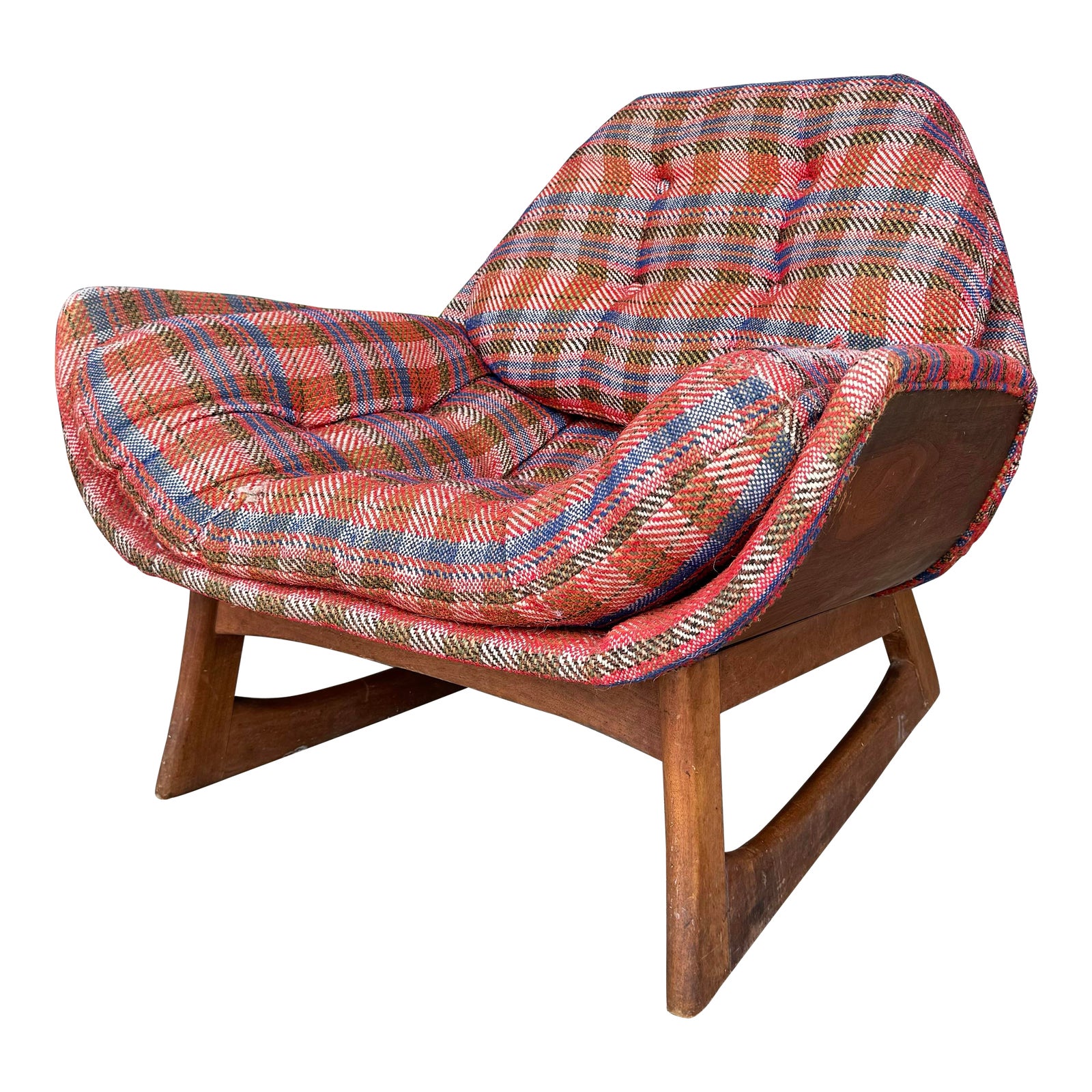 Large Adrian Pearsall Style Plaid Lounge Chair With Wood Sides | Chairish