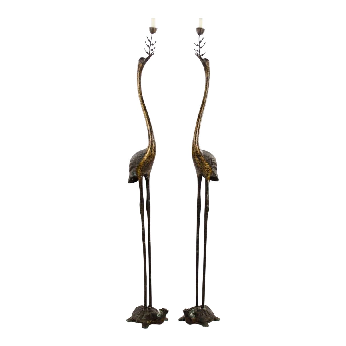 Chinese Bronze Crane Form Temple Candle Stands - a Pair | Chairish