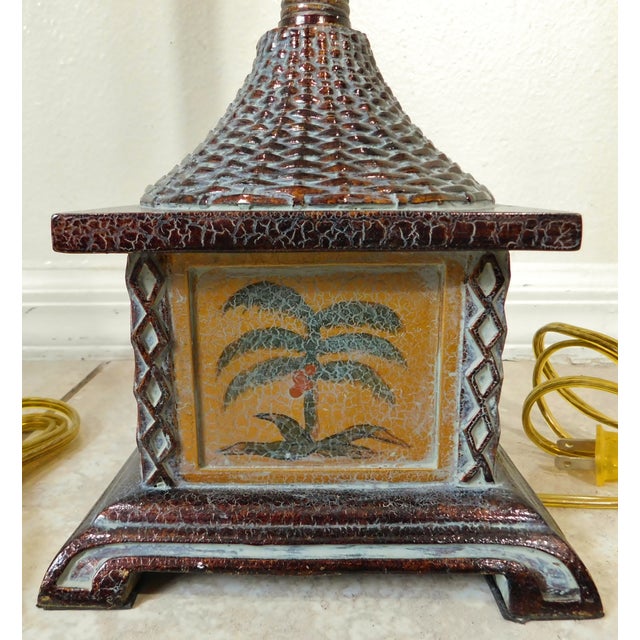 Pair Tall Vintage Palm Beach Style Palm Tree Table Lamps Beaded Silk ...