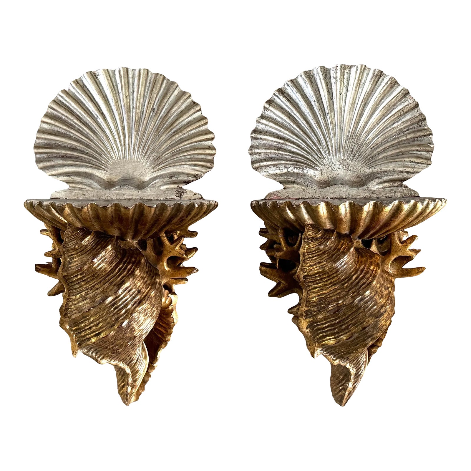 Italian Carved Silvered and Gilded Shell Grotto Wall Shelves | Chairish