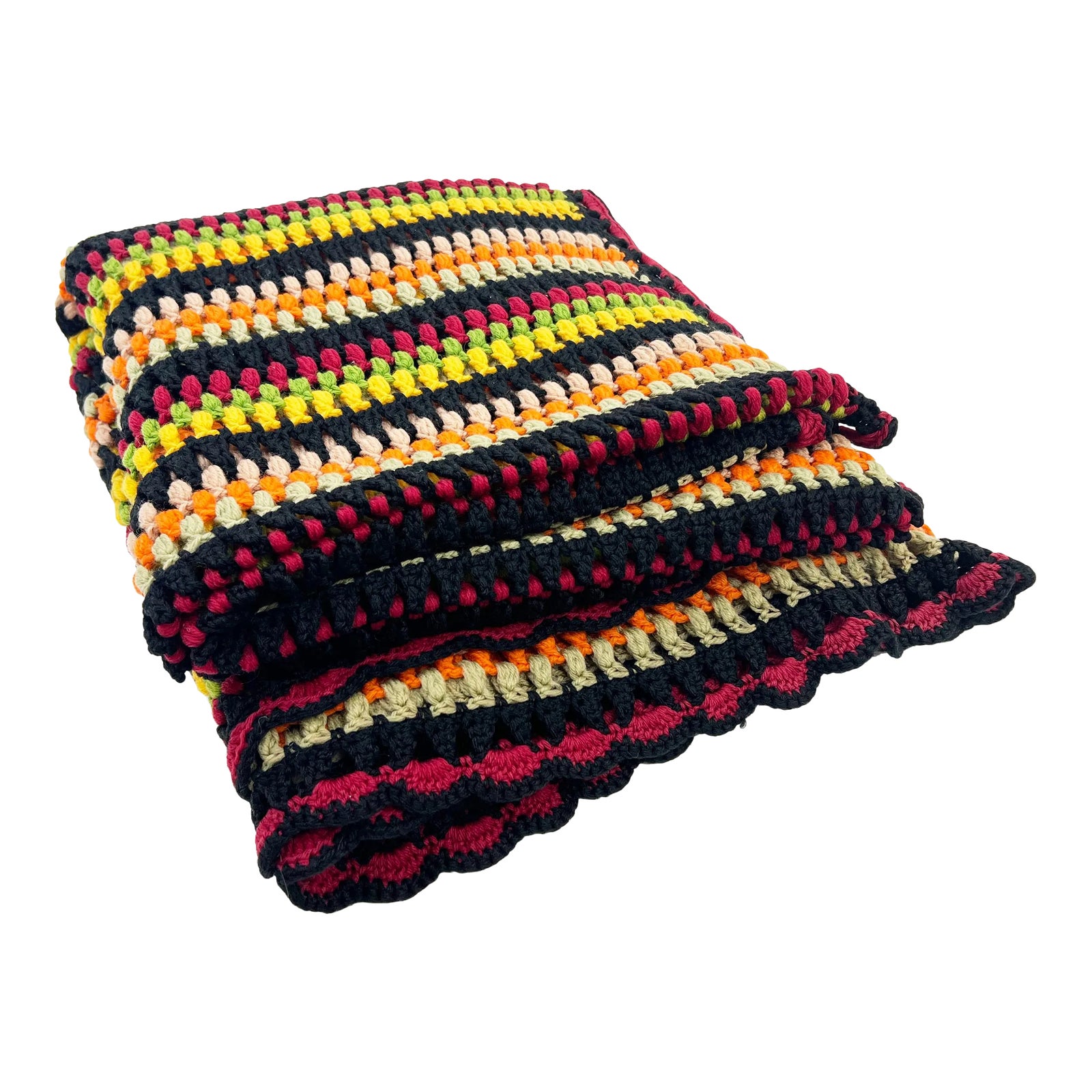 Retro 1970s Colorful Handmade Striped Crochet Blanket | Chairish