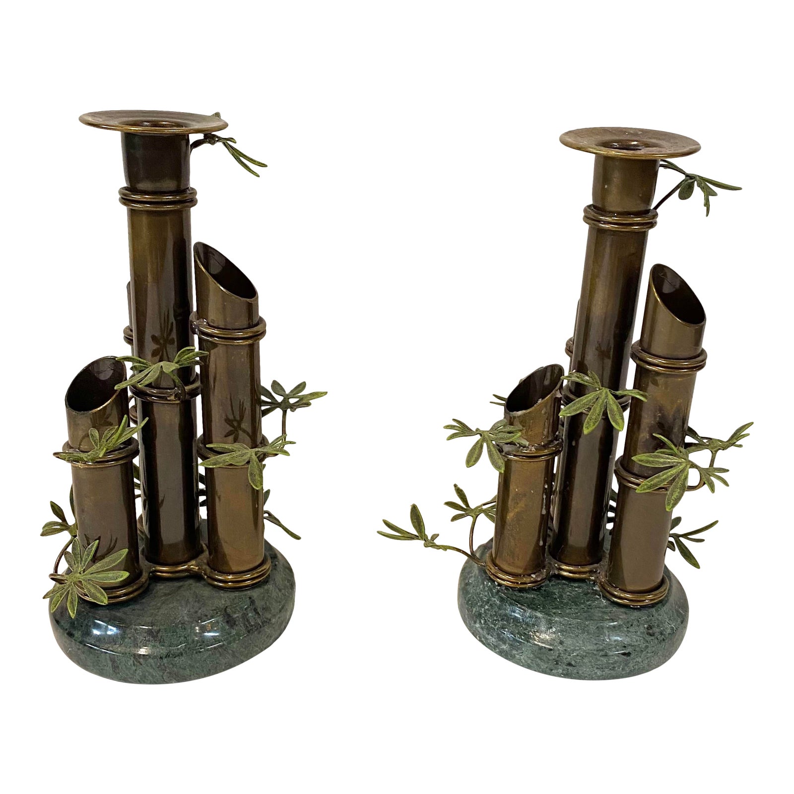 Bamboo Shape Metal Candlesticks - a Pair | Chairish