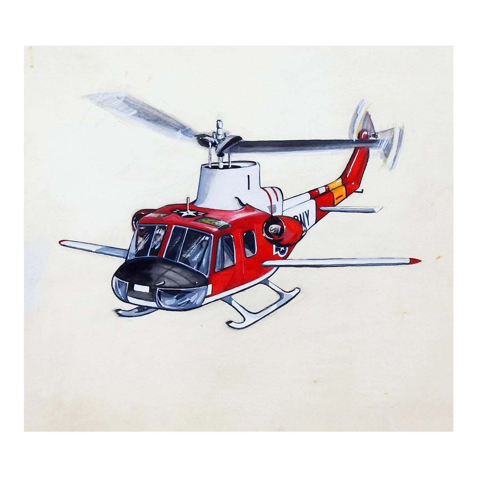 Mid Century Illustration Painting of Red Helicopter | Chairish