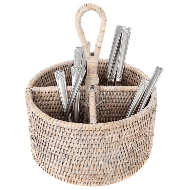 Artifacts Rattan Round 4 section Caddy/Cutlery Holder in White Wash ...