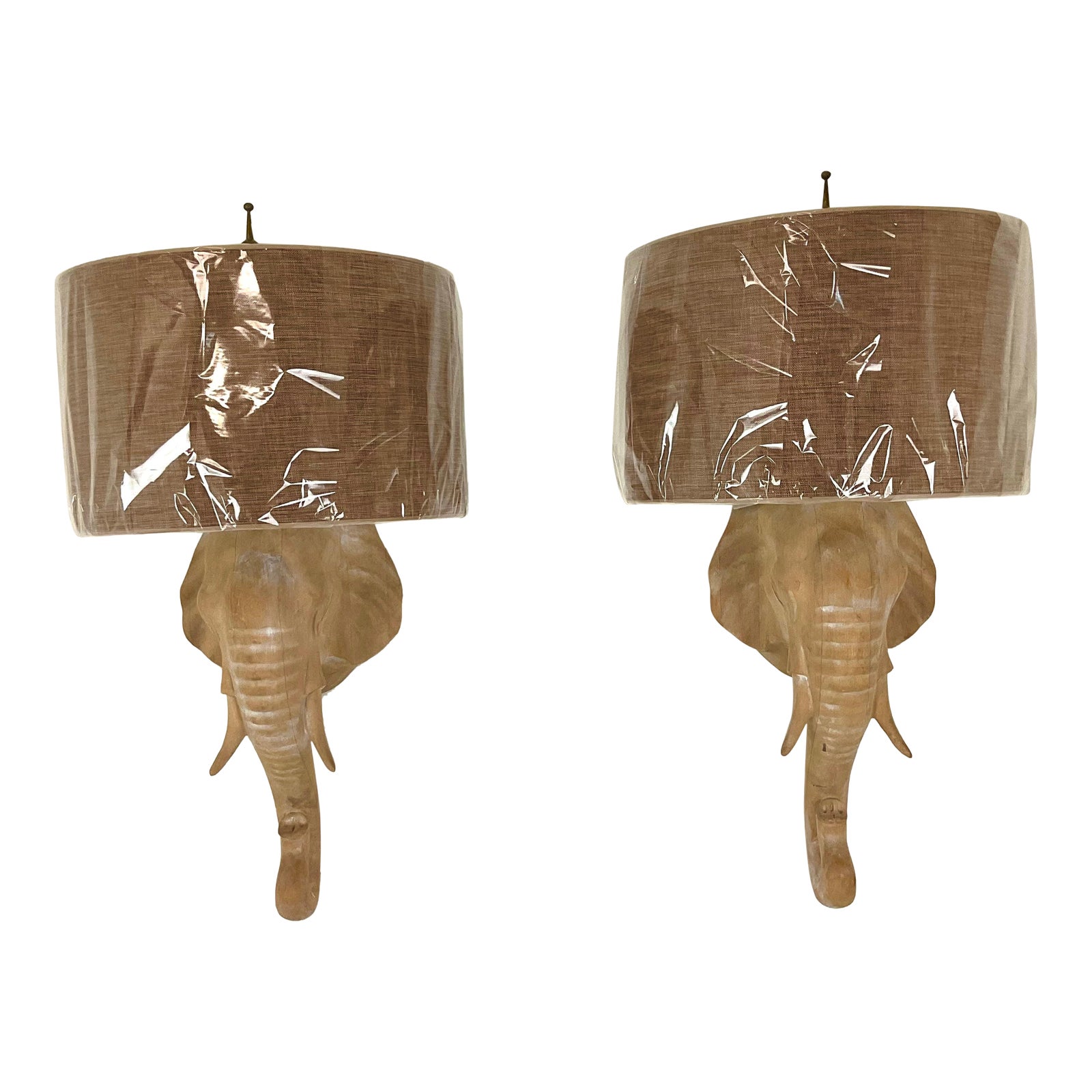 Natural Bleached Wood Elephant Sconces With Linen Shades - a Pair ...
